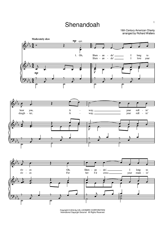 Shenandoah" Sheet Music for Piano/Vocal/Chords - Sheet Music Now