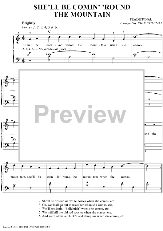 She'll Be Comin' 'Round the Mountain" Sheet Music for Easy Piano/Vocal ...