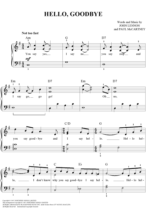 Hello, Goodbye" Sheet Music by The Beatles for Easy Piano/Vocal/Chords ...
