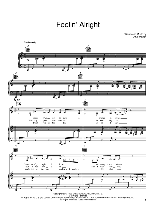 Feelin' Alright" Sheet Music by Traffic; Joe Cocker for Piano/Vocal ...