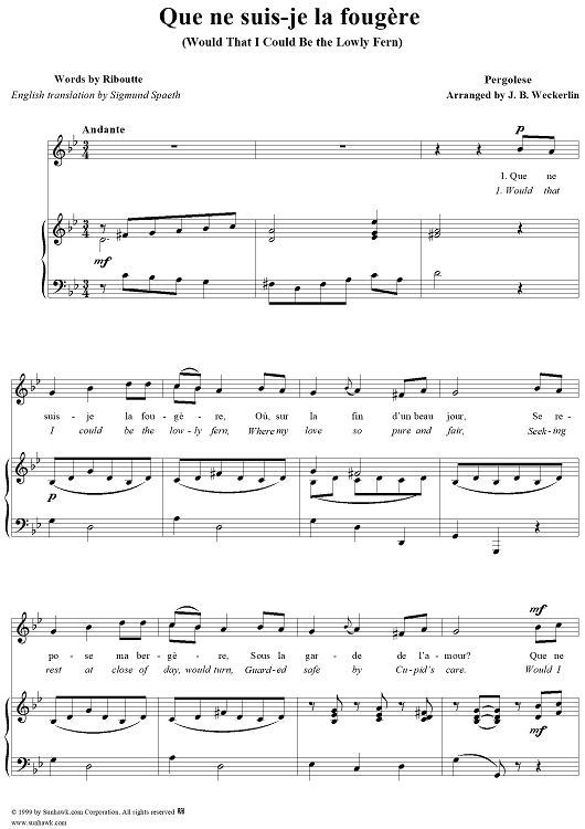 Que ne suis-je la fougère" Sheet Music for Piano/Vocal - Sheet Music Now
