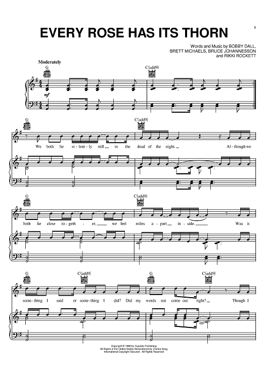 Every Rose Has Its Thorn" Sheet Music by Poison for Piano/Vocal/Chords ...