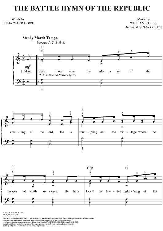 The Battle Hymn of the Republic" Sheet Music for Easy Piano/Vocal ...