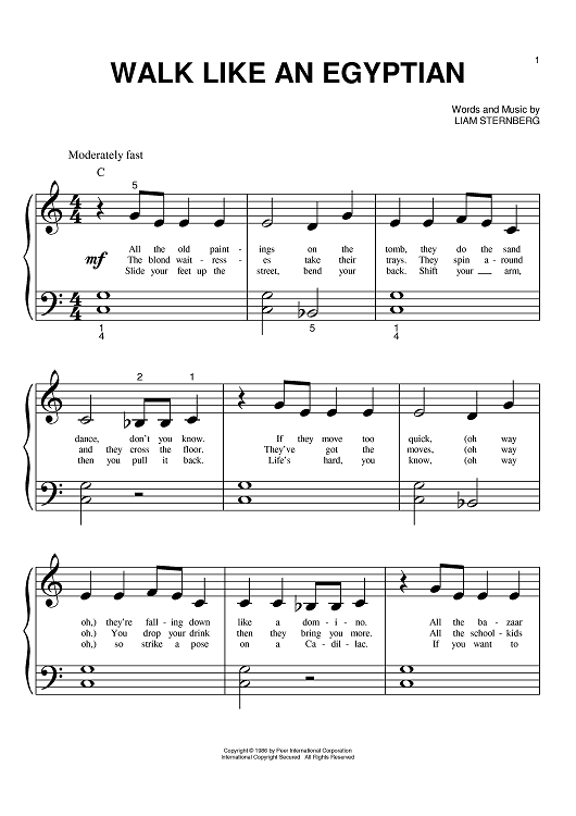 Walk Like An Egyptian" Sheet Music by The Bangles for Big Note Piano ...