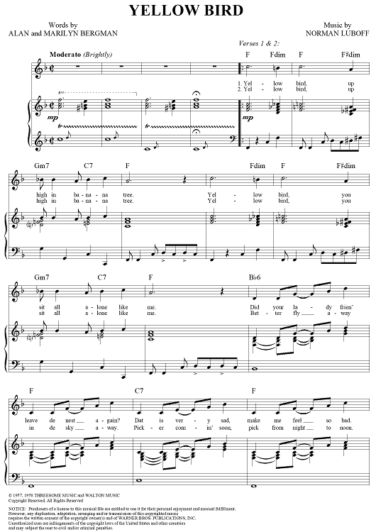 Yellow Bird" Sheet Music for Piano/Vocal/Chords - Sheet Music Now