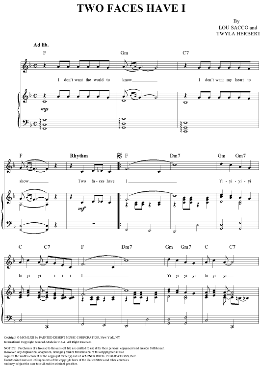Two Faces Have I" Sheet Music by Lou Christie for Piano/Vocal/Chords ...