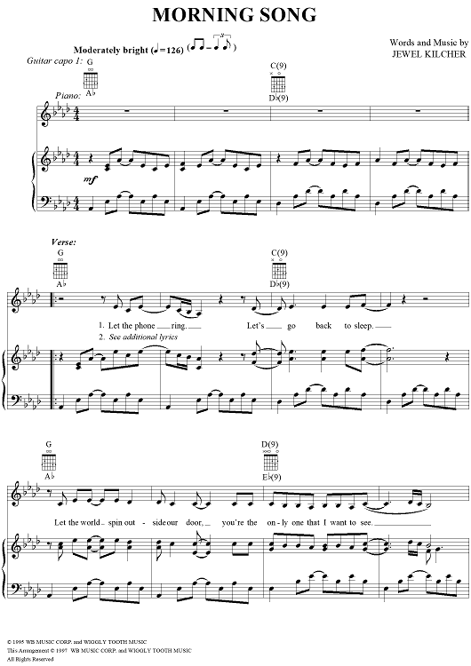 Morning Song" Sheet Music by Jewel for Piano/Vocal/Chords - Sheet Music Now