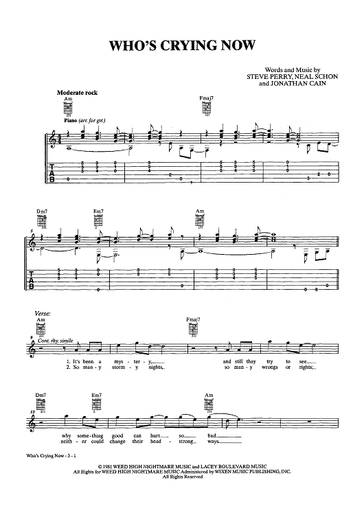 Who's Crying Now" Sheet Music by Journey for Easy Guitar Tab/Vocal/Chords - Sheet Music Now