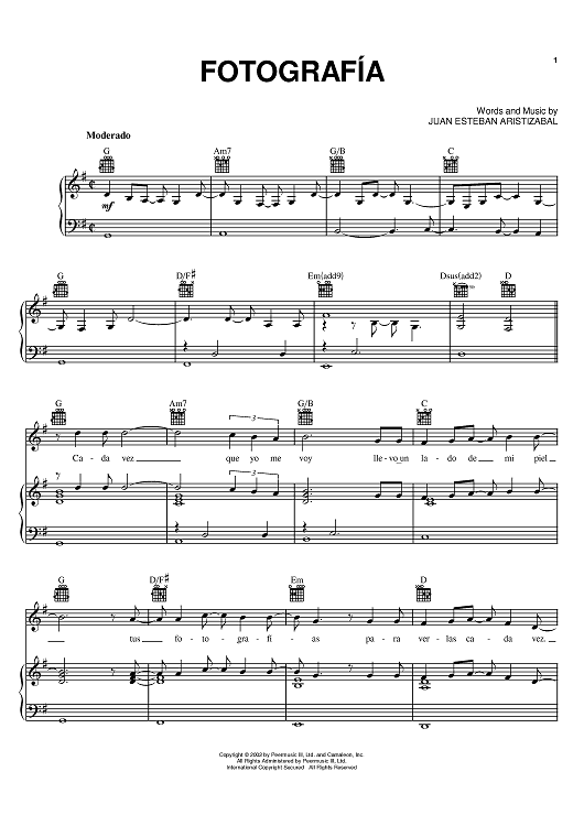 Fotografia" Sheet Music by Juanes for Piano/Vocal/Chords - Sheet Music Now