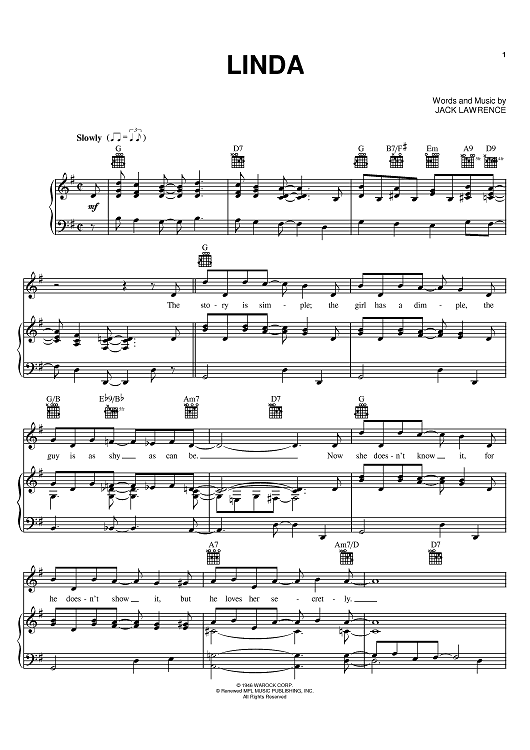Linda" Sheet Music by Jack Lawrence for Piano/Vocal/Chords - Sheet Music Now