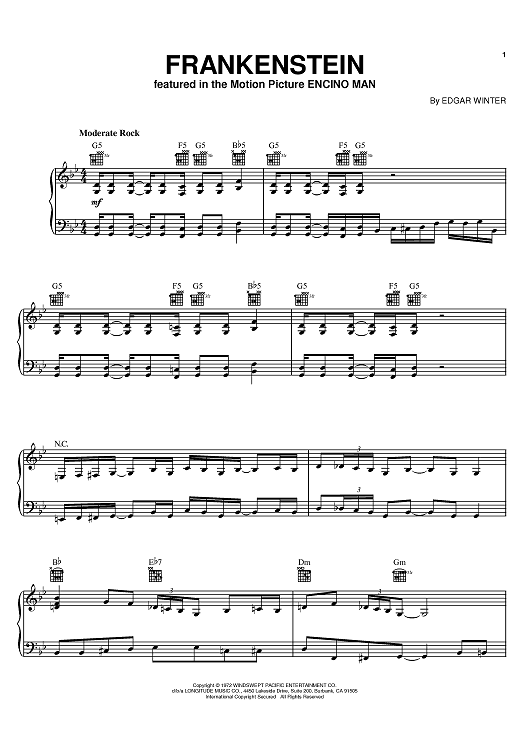 Frankenstein" Sheet Music by Edgar Group Winter for Piano/Vocal/Chords ...