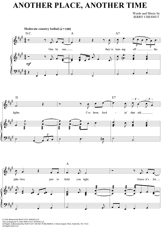 Another Place, Another Time" Sheet Music by Jerry Lee Lewis for Piano ...
