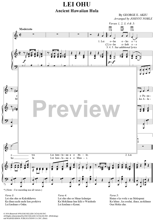 Lei Ohu (A Hawaiian Hula)" Sheet Music for Piano/Vocal/Chords - Sheet ...