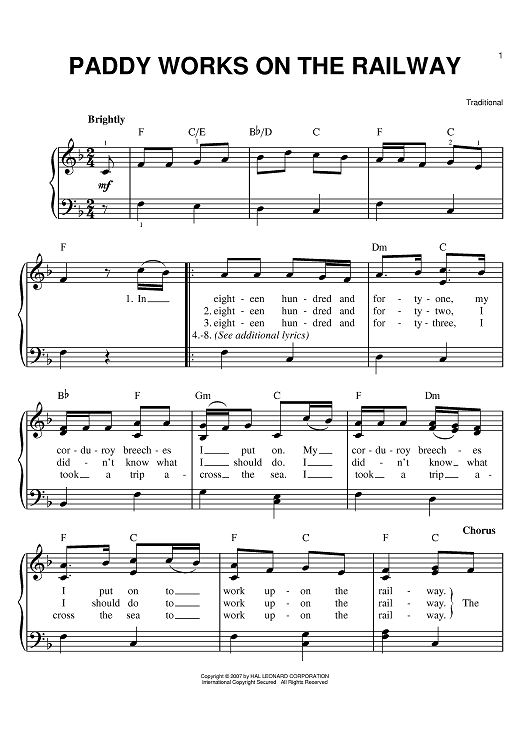 Paddy Works On The Railway" Sheet Music for Easy Piano - Sheet Music Now