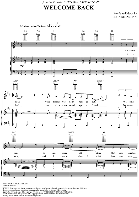 Welcome Back" Sheet Music for Piano/Vocal/Chords - Sheet Music Now