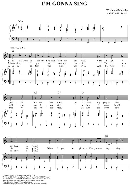 I'm Gonna Sing" Sheet Music by Hank Williams for Piano/Vocal/Chords ...
