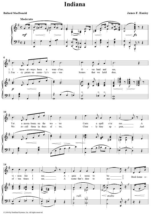 Indiana" Sheet Music for Piano/Vocal - Sheet Music Now