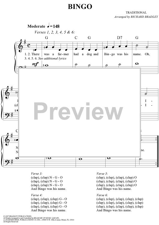 Bingo" Sheet Music for Easy Piano/Vocal - Sheet Music Now