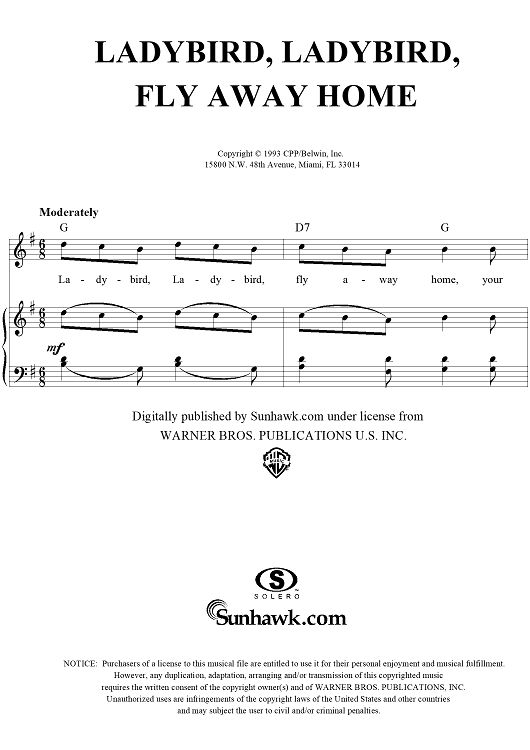 Ladybird, Ladybird, Fly Away Home" Sheet Music for Easy Piano/Vocal ...