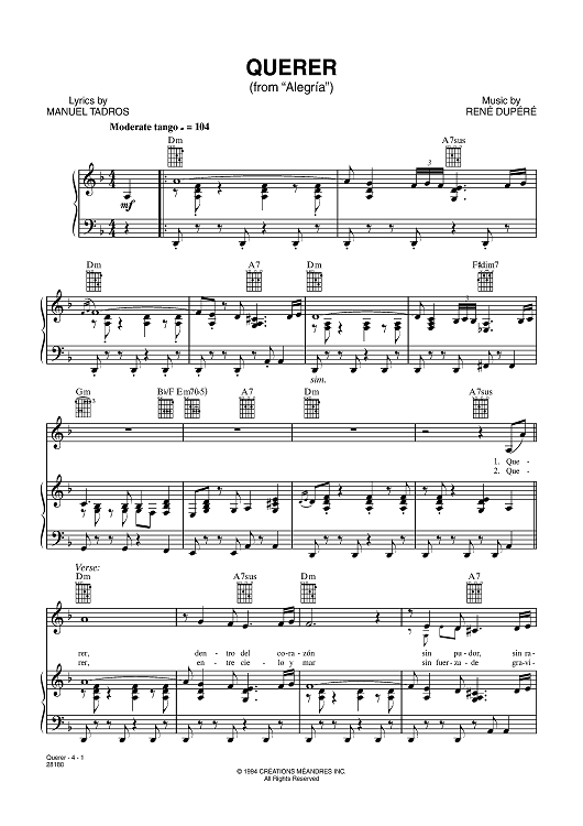 QUERER (from “Alegría”)" Sheet Music for Piano/Vocal/Chords - Sheet ...