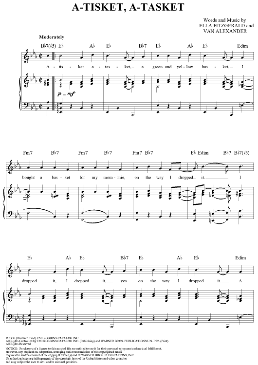A-Tisket, A-Tasket" Sheet Music by Ella Fitzgerald for Piano/Vocal ...