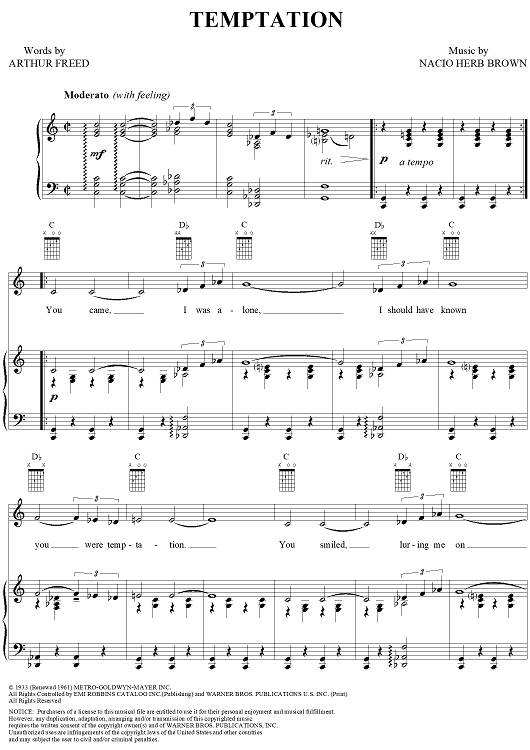 Temptation" Sheet Music for Piano/Vocal/Chords - Sheet Music Now
