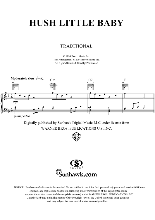 Hush Little Baby" Sheet Music for Piano/Vocal/Chords - Sheet Music Now