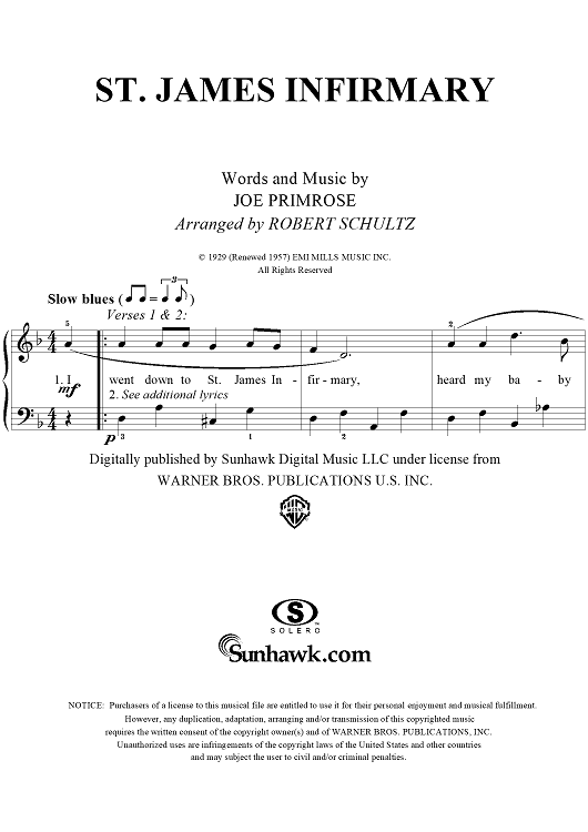 St. James Infirmary" Sheet Music for Easy Piano/Vocal - Sheet Music Now