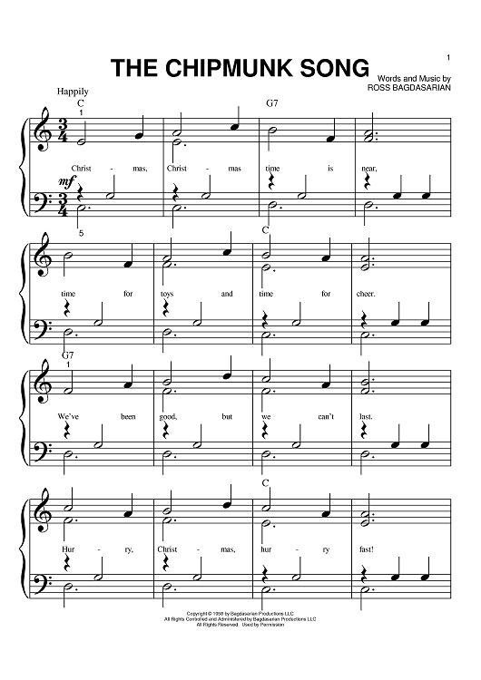 The Chipmunk Song" Sheet Music by The Chipmunks for Big Note Piano ...