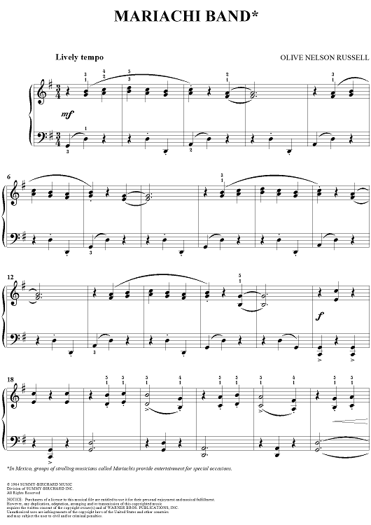 Mariachi Band" Sheet Music for Easy Piano - Sheet Music Now
