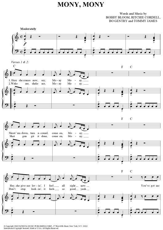 Mony, Mony" Sheet Music by Billy Idol; Tommy James and the Shondells ...