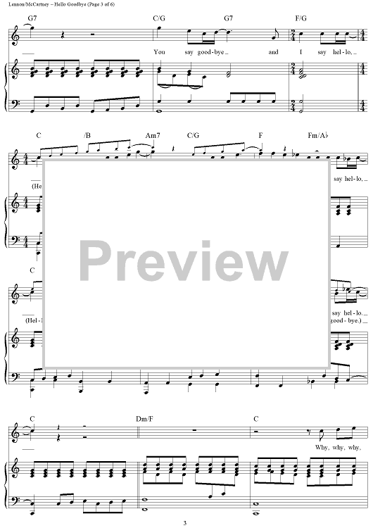Hello Goodbye" Sheet Music by The Beatles for Piano/Vocal/Chords ...