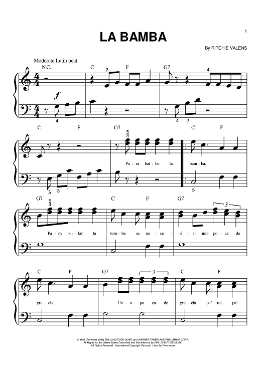 La Bamba" Sheet Music by Ritchie Valens; Los Lobos for Big Note Piano ...