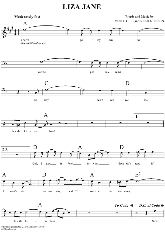Liza Jane" Sheet Music by Vince Gill for Lead Sheet - Sheet Music Now