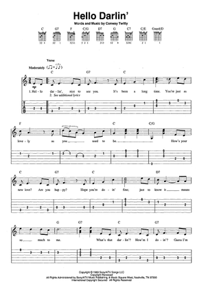 Hello Darlin'" Sheet Music by Conway Twitty for Easy Guitar Tab/Vocal ...