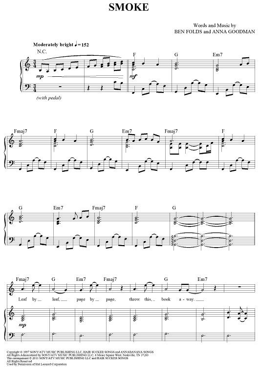 Smoke" Sheet Music by Ben Folds for Piano/Vocal/Chords - Sheet Music Now