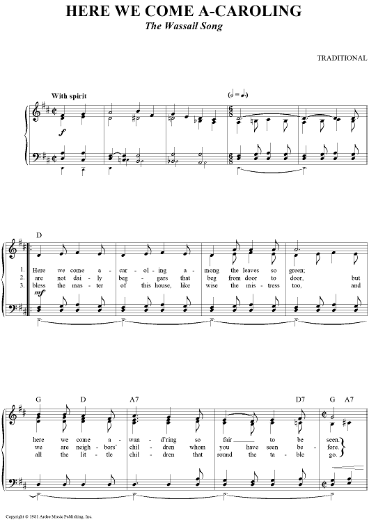 Here We Come A-Caroling - The Wassail Song" Sheet Music for Easy Piano ...