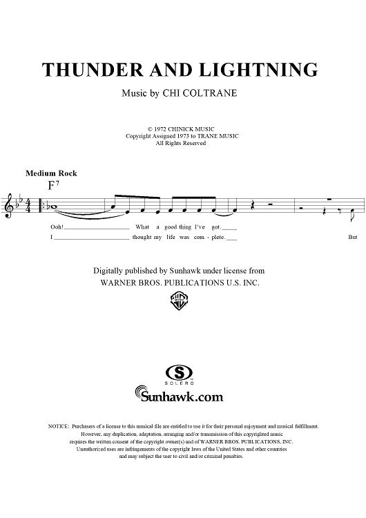 Thunder and Lightning" Sheet Music by Chi Coltrane for Lead Sheet ...