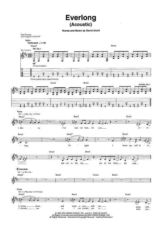 Everlong (Acoustic)" Sheet Music by Foo Fighters for Guitar Tab/Vocal ...