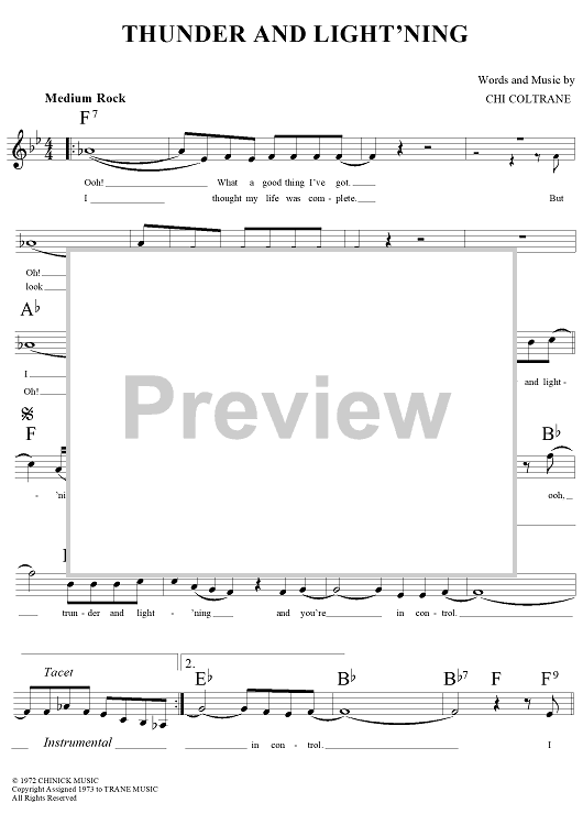Thunder and Lightning" Sheet Music by Chi Coltrane for Lead Sheet ...