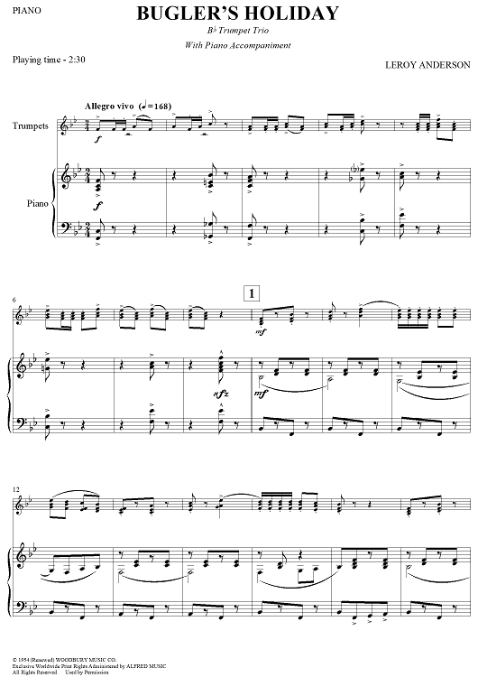 Bugler's Holiday - Piano Score" Sheet Music for Trumpet Trio/Piano - Sheet Music Now