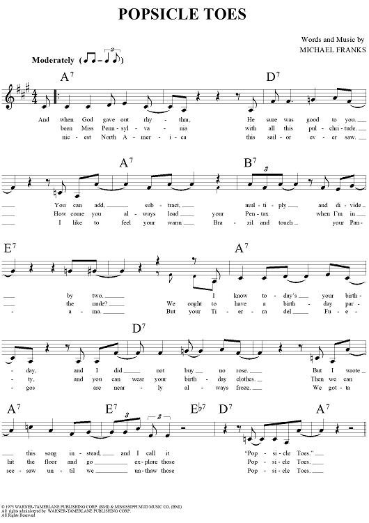Popsicle Toes" Sheet Music by Michael Franks for Lead Sheet - Sheet ...