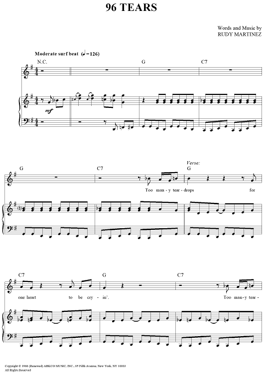 96 Tears" Sheet Music by Question Mark & the Mysterians for Piano/Vocal ...