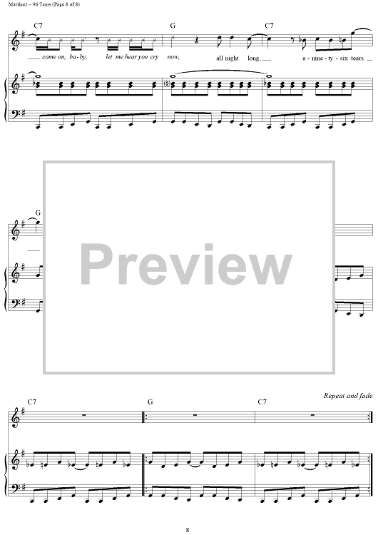 96 Tears" Sheet Music by Question Mark & the Mysterians for Piano/Vocal ...
