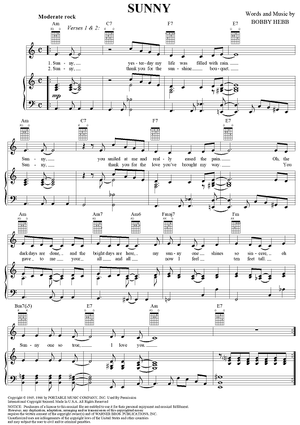 Sunny" Sheet Music by Bobby Hebb for Piano/Vocal/Chords - Sheet Music Now