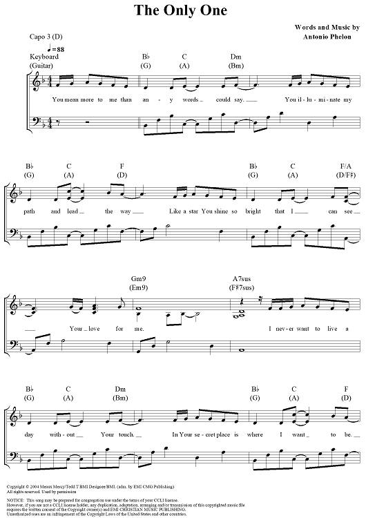 The Only One" Sheet Music by Antonio Neal for Piano/Vocal/Chords ...