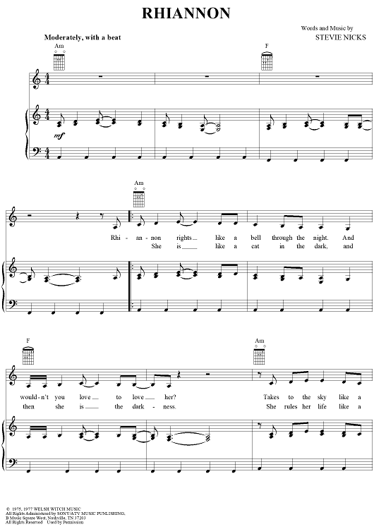 Rhiannon" Sheet Music by Fleetwood Mac for Piano/Vocal/Chords - Sheet ...