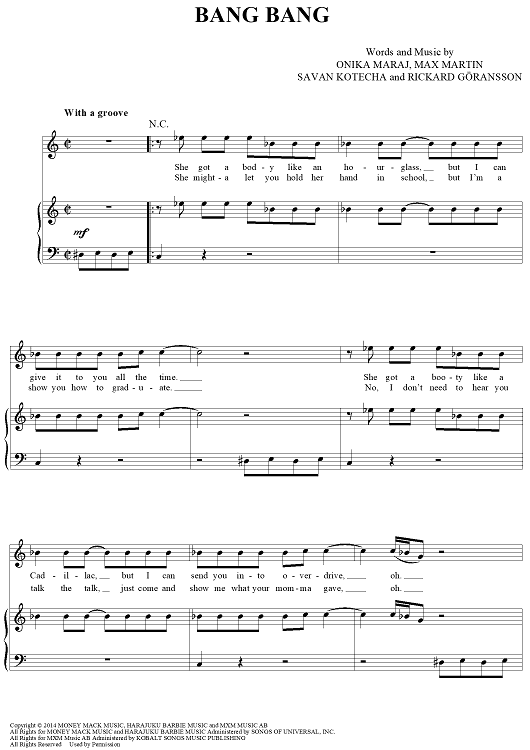 Bang Bang" Sheet Music by Jessie J; Nicki Minaj; Ariana Grande for ...