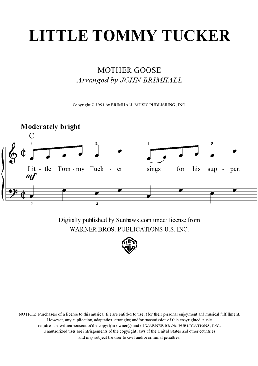 Little Tommy Tucker" Sheet Music for Easy Piano/Vocal - Sheet Music Now