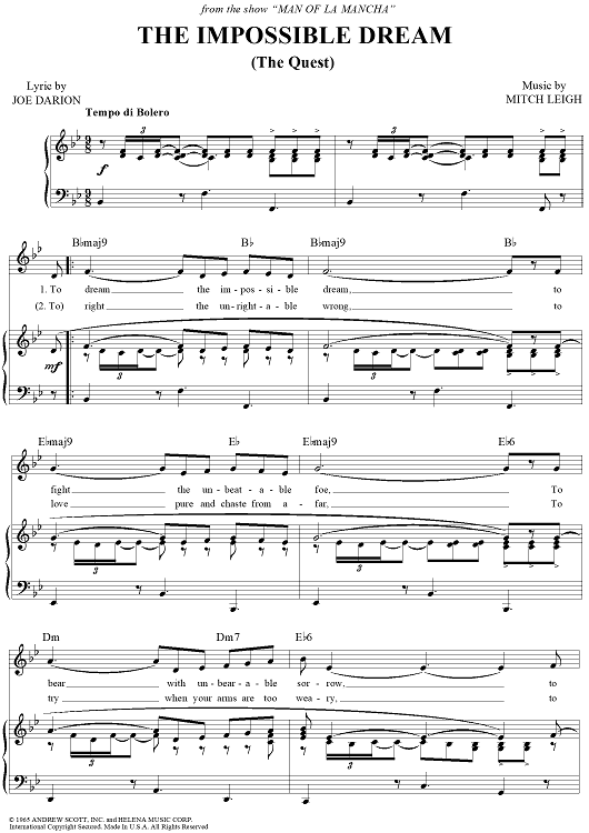 The Impossible Dream (The Quest)" Sheet Music for Piano/Vocal/Chords - Sheet Music Now
